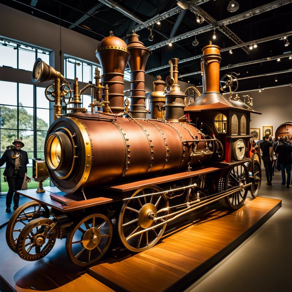 A steampunk museum with visitors from around the world, displays of ...