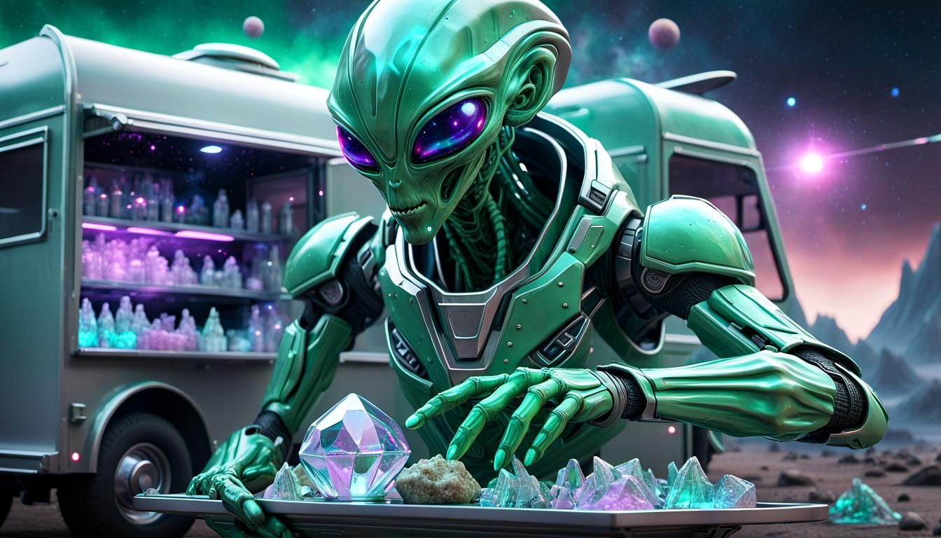 A fantasy image of an iridescent green alien 👽 creature selling ...