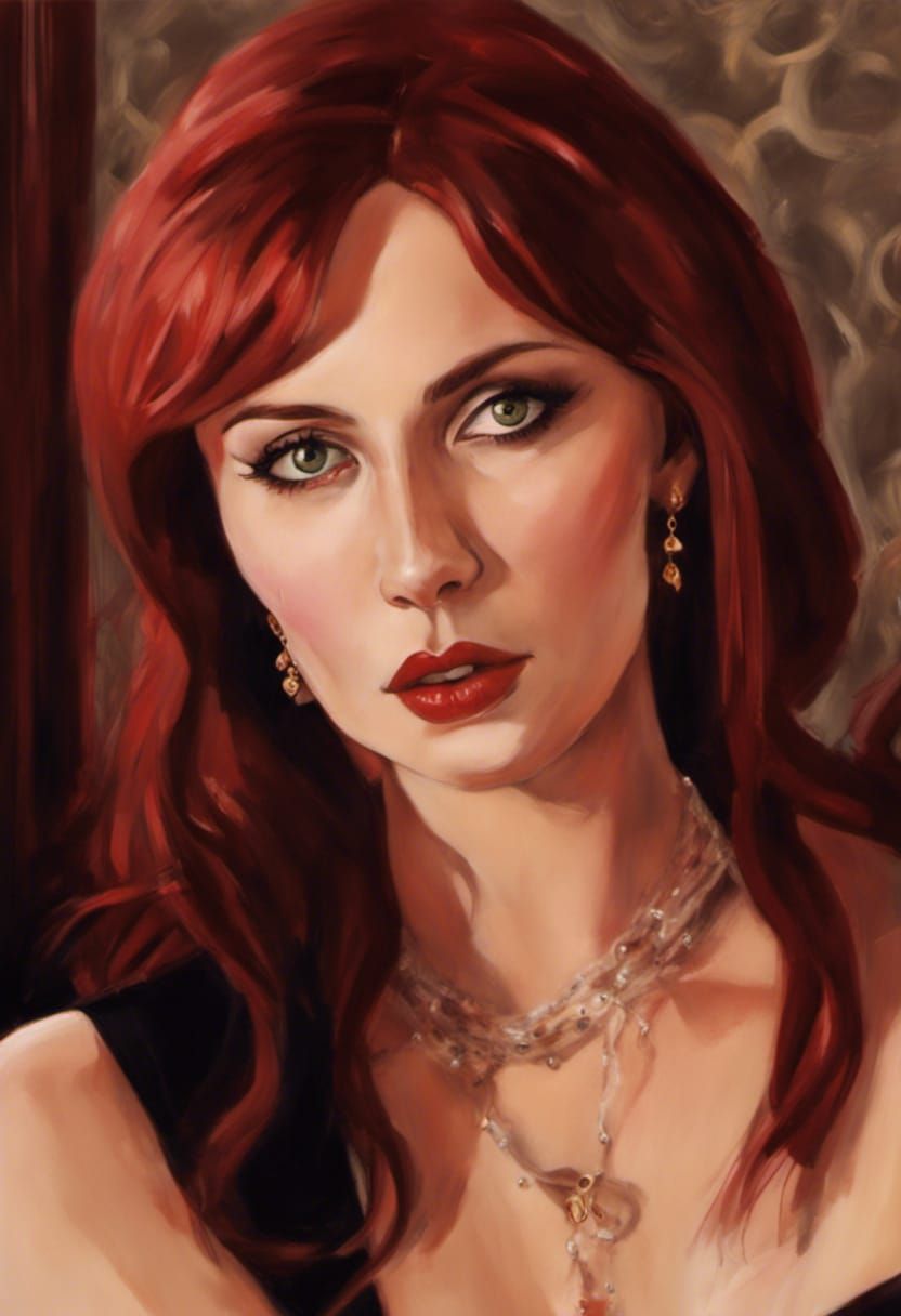 femme fatale, blood red dress, gold jewelry, thigh-high slit in dress ...