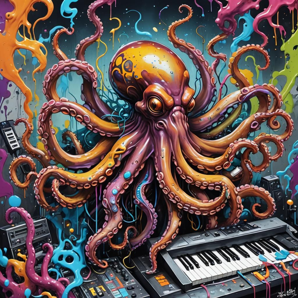 a octopus playing a synthesizer on each arm - AI Generated Artwork ...