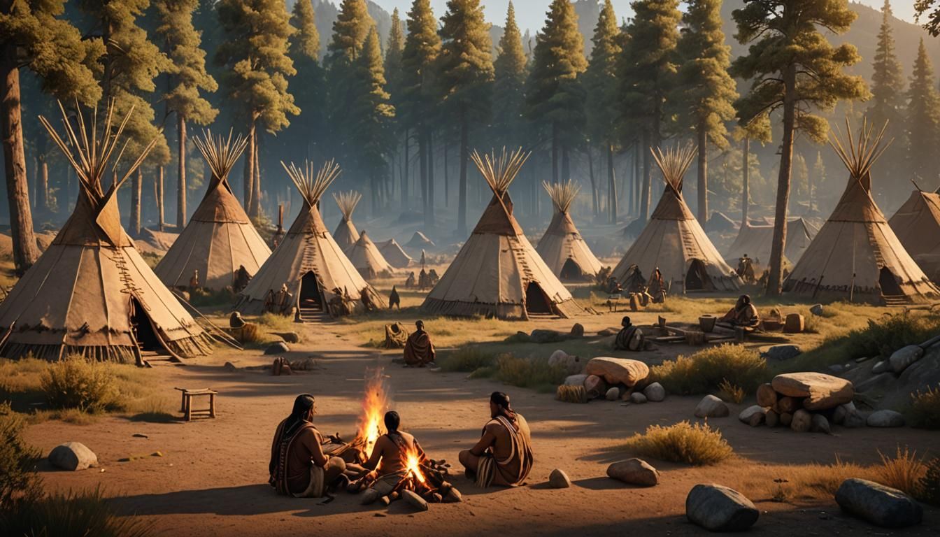 side view of an ancient native American village with 10 wigwams in ...