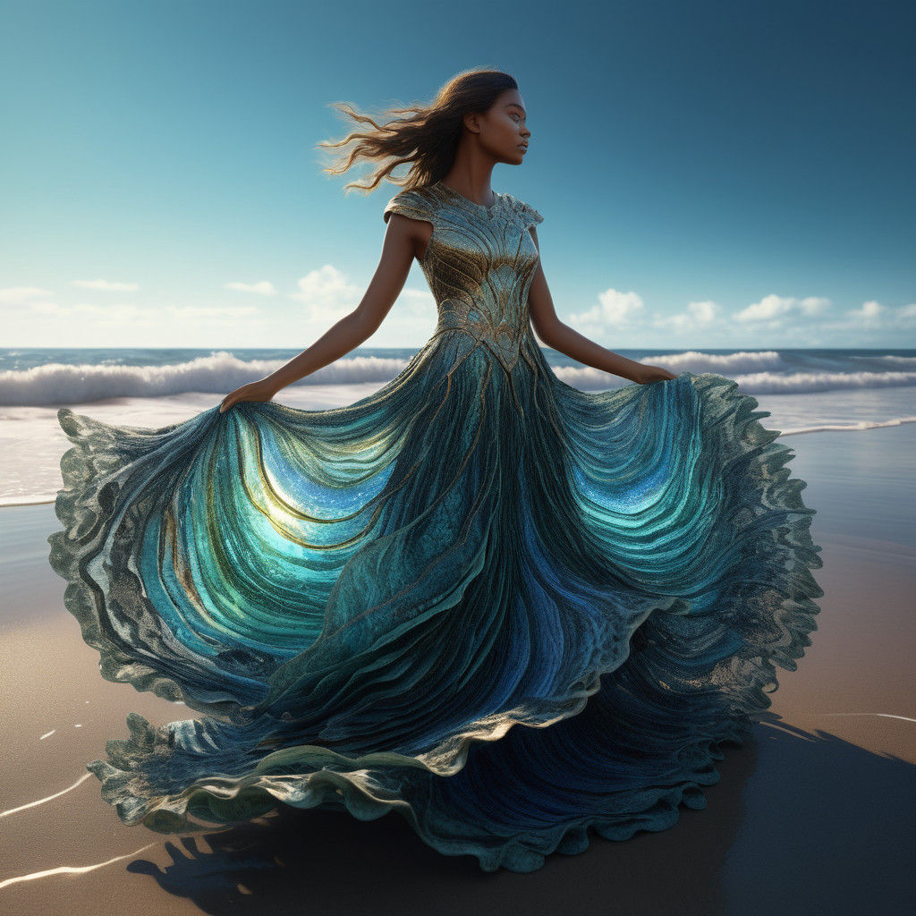 Girl Surrounded by Enchanted Ocean Waves in Dreamy... - AI Art