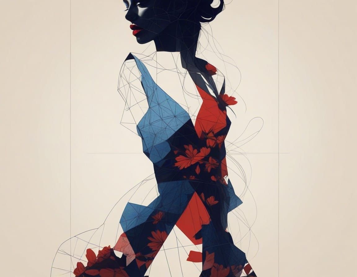 Wireframe Dancer in Summer Dress, Minimalist Archi... - AI Art