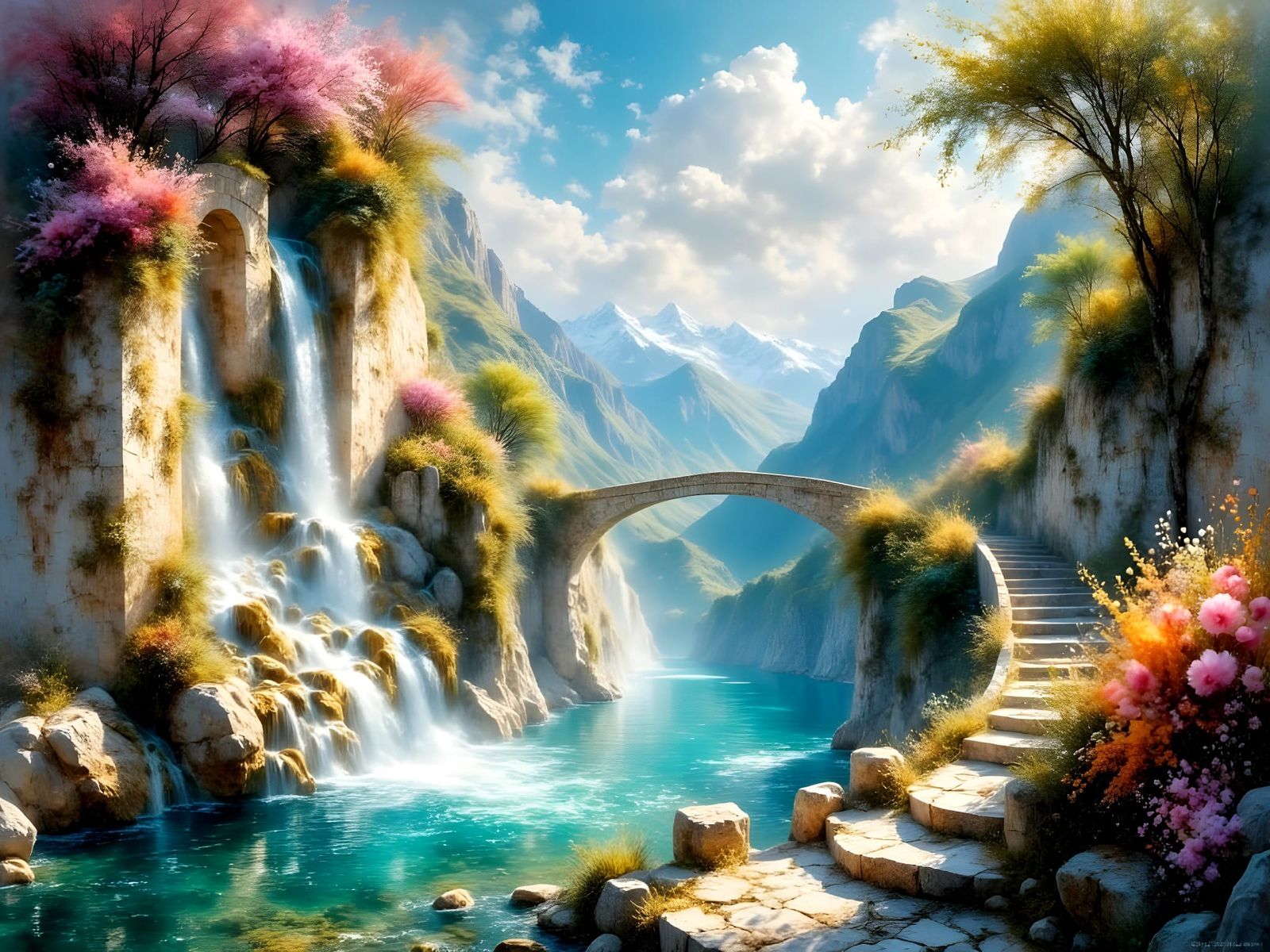 Ethereal Dreamscape with Serene Waterfall and Vibr... - AI Art
