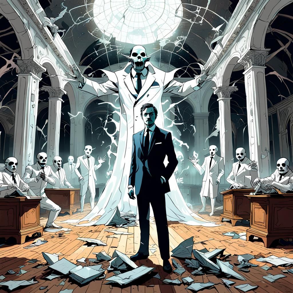 Surreal scene of evil entity, evil goblin and ghosts in white ...