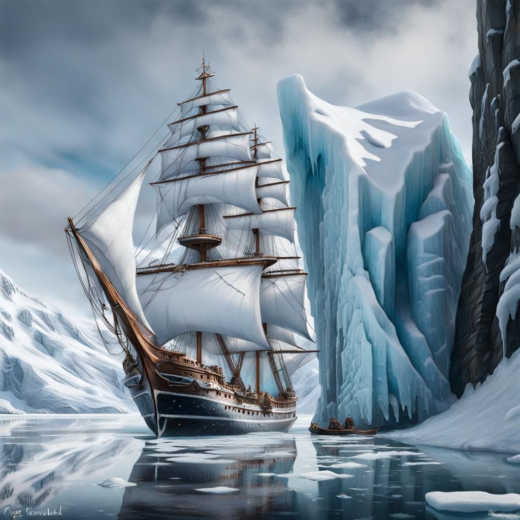 ice sculture frozen sailling ship in Alaska, hyperrealism maximalist ...