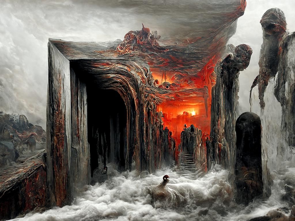 An extremely accurate rendering of a stairway down to a fiery lake in hell - AI Generated ...