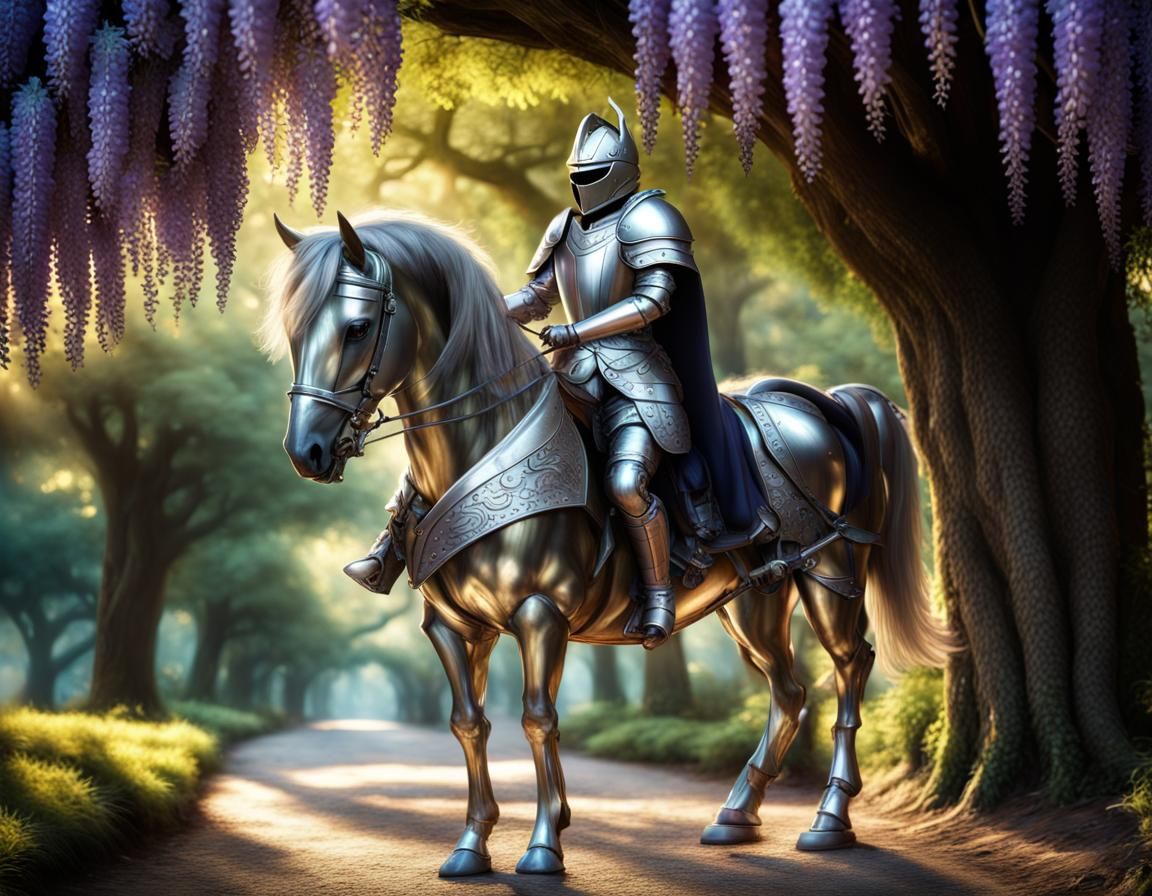 Moonshadow, wisteria, serene, ethereal Grove, A knight in shine armor ...