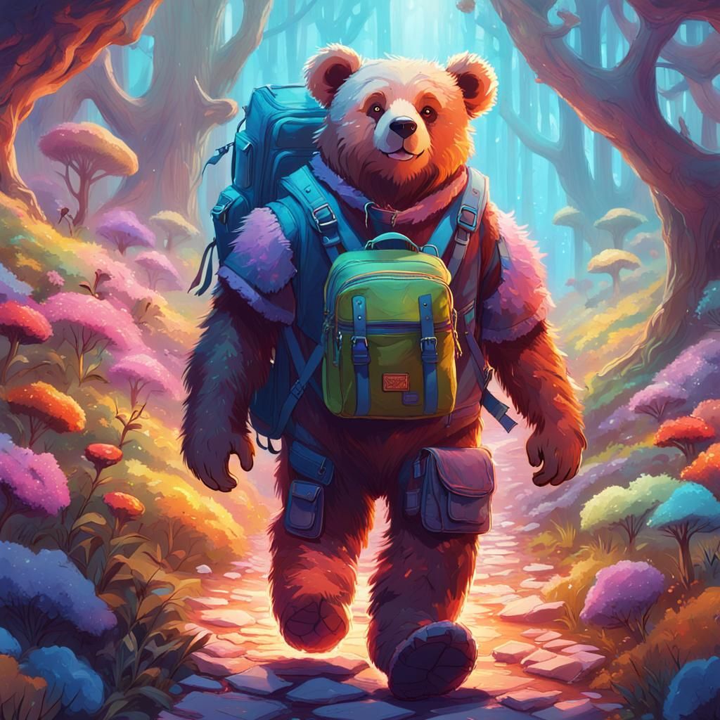 fantasy scene of a teddy bear wearing a backpack walking through ...