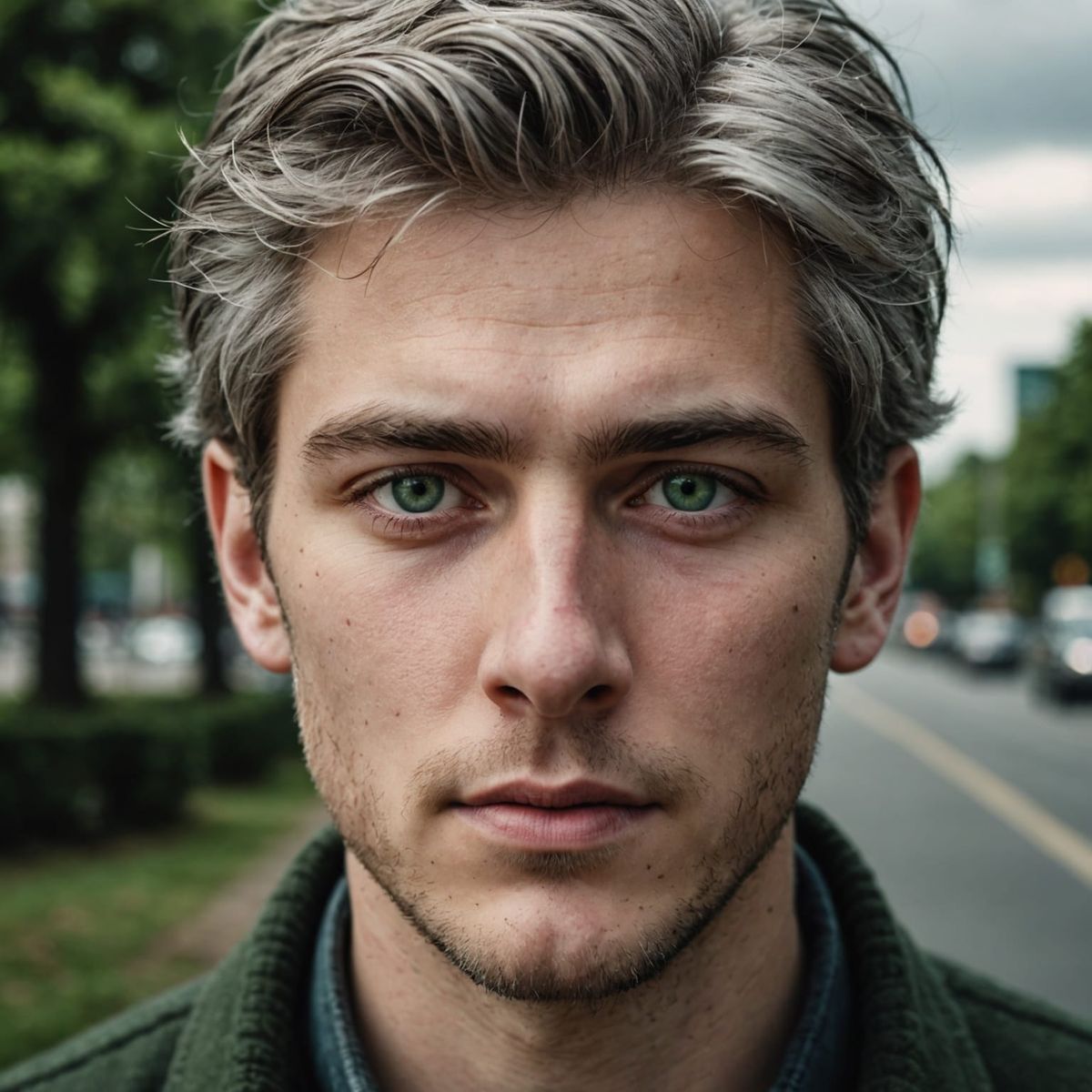 23 years old man is average-height with pale skin, grey hair and green ...