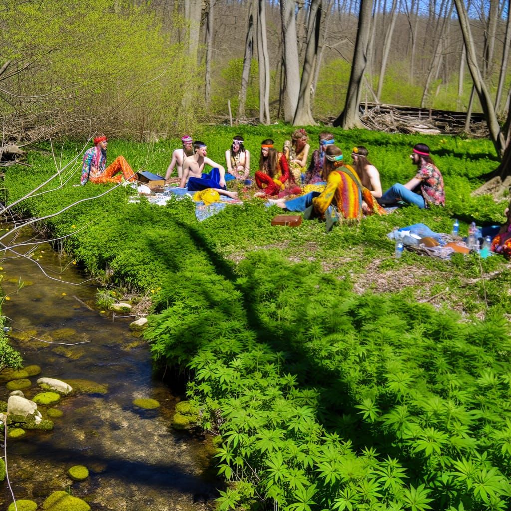 A Group of 1960/1970s era Hippies chilling in a lush green overgrown ...