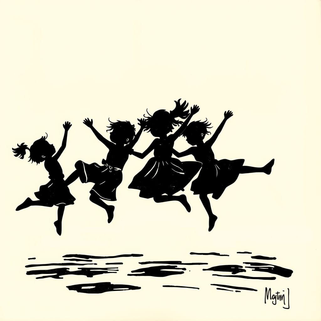 Leap! - Children Playing in Dynamic Black and White Illustra...