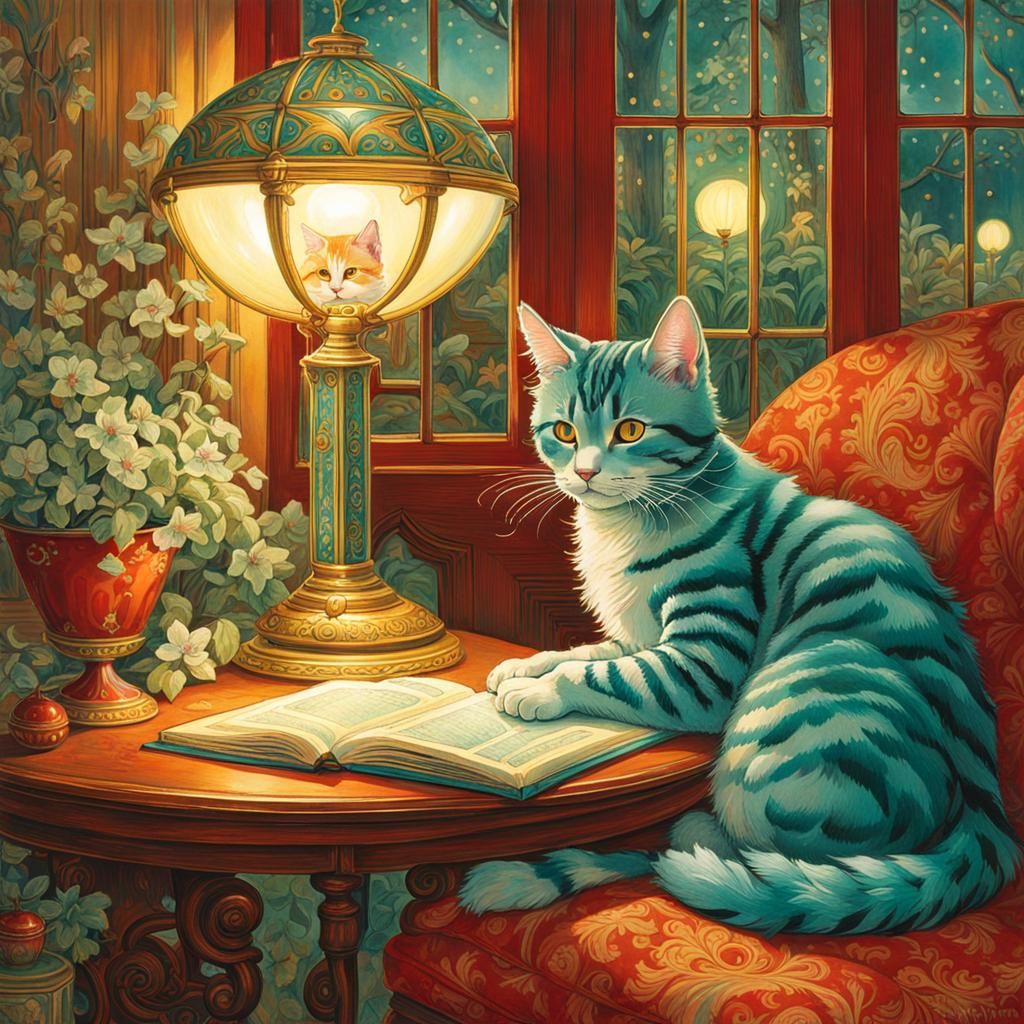 Cat; teal, blue, dark red; read a crime novel; fantastical illuminated ...