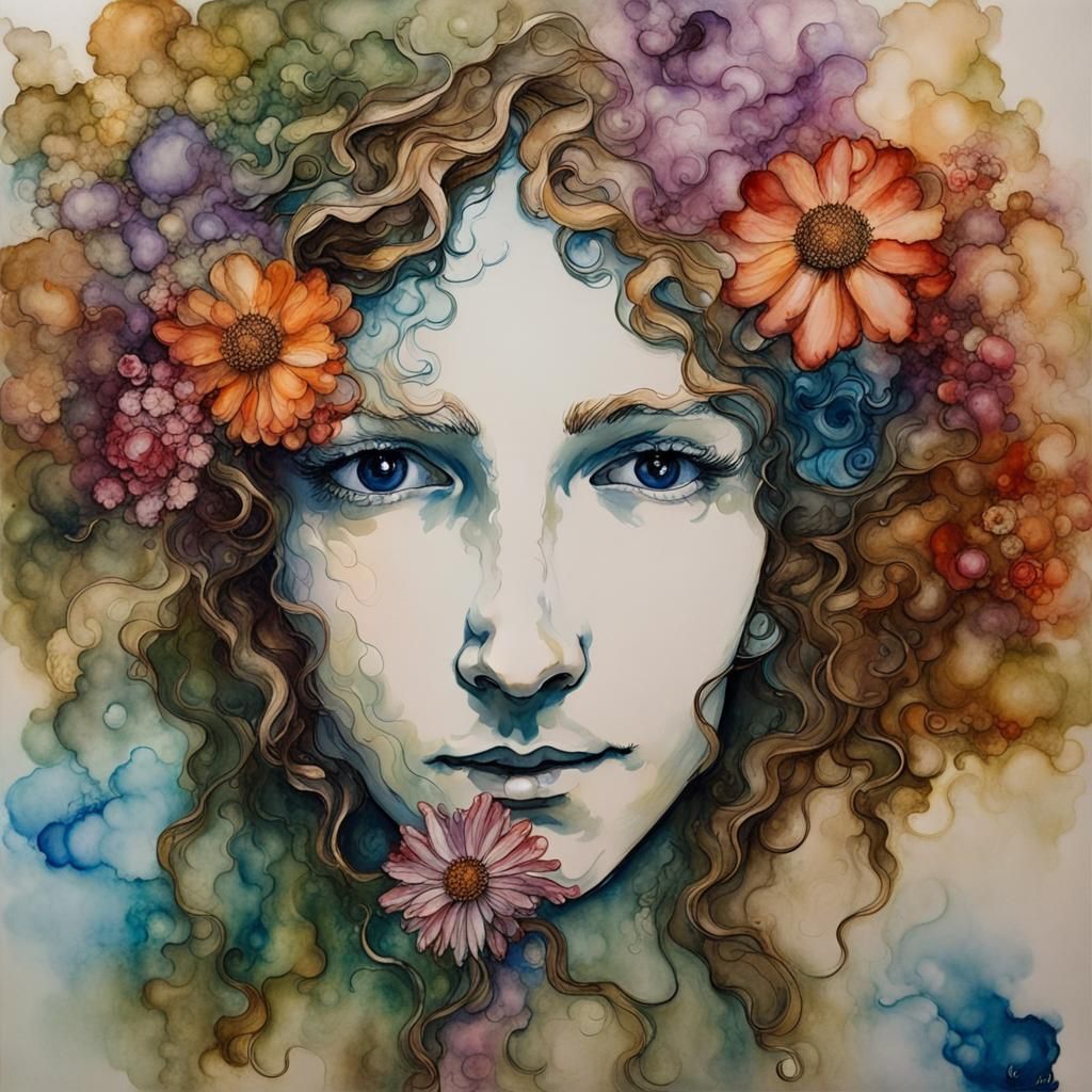 Self-Portrait water spirit, flower child alcohol ink Rembrandt van Rijn