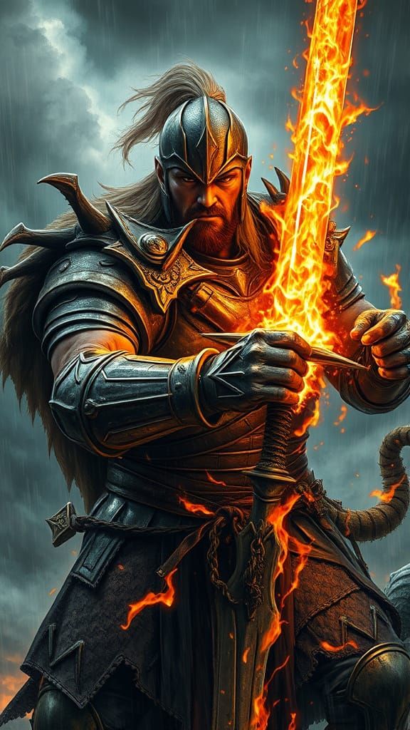 Depicted in the throes of a fierce tempest, a warrior clad in battle ...