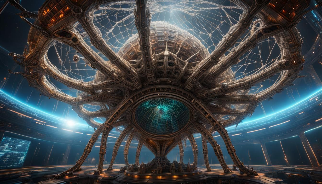 a colossal spaceship built in the shape of a spider web floating in ...