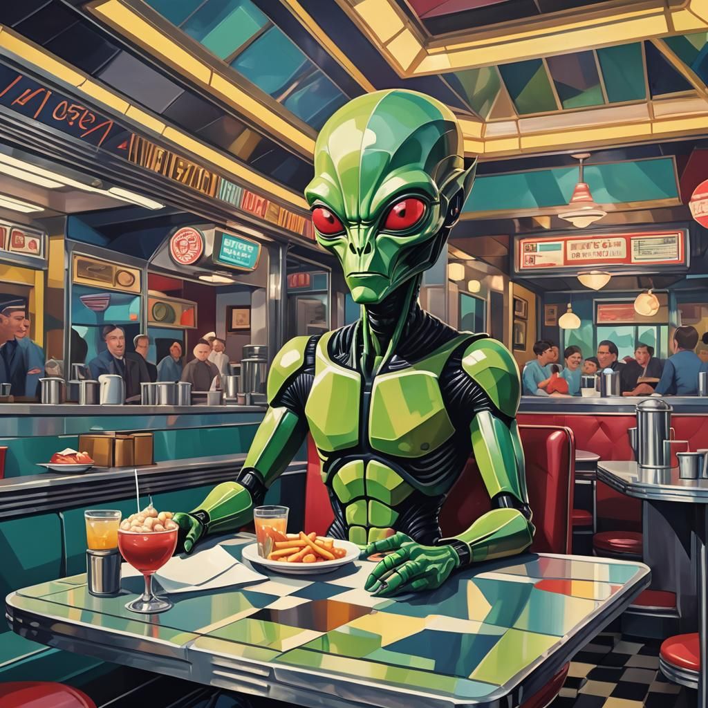 Alien In A Midwest Diner 1950. - AI Generated Artwork - NightCafe Creator