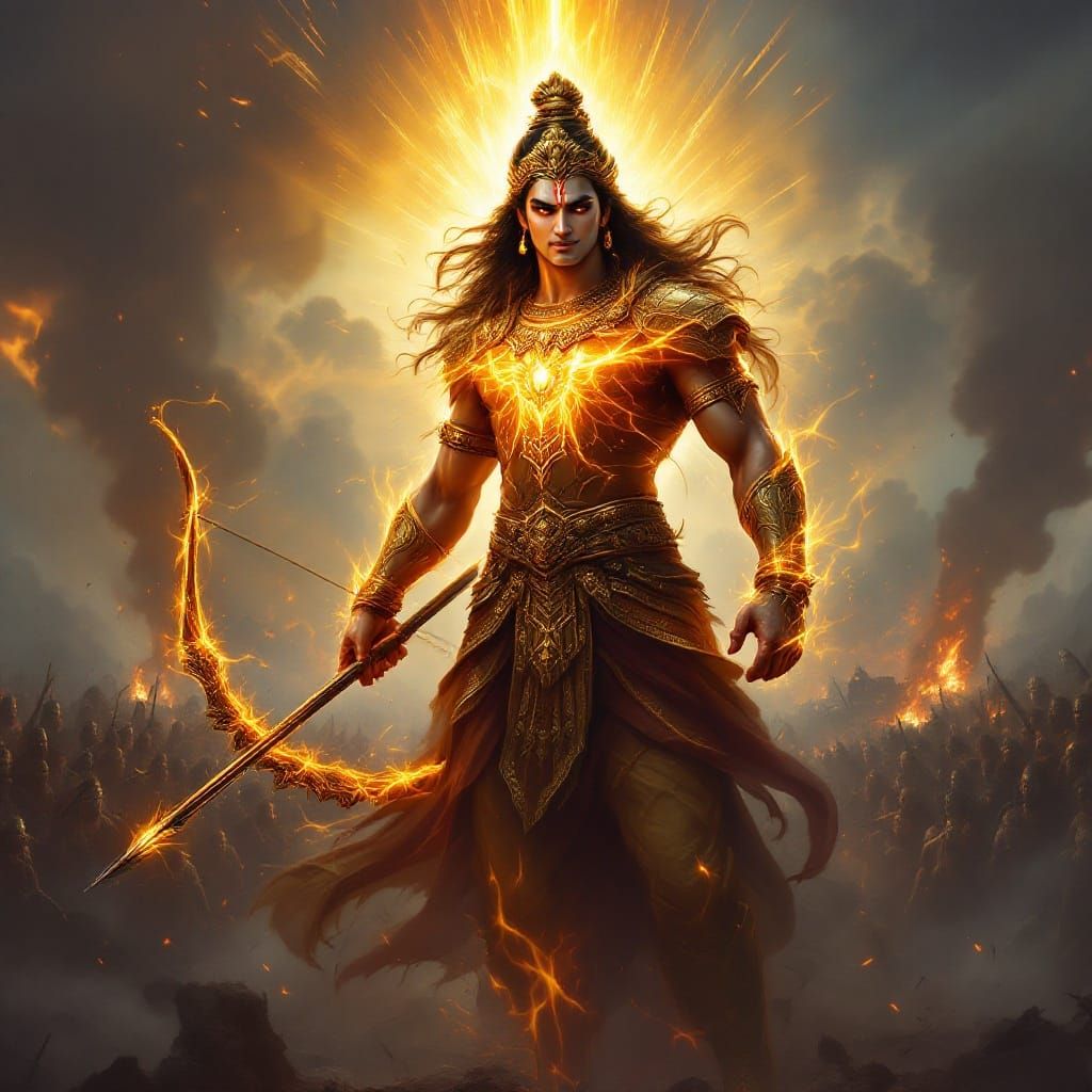 Lord Rama, the Supreme Emperor of Dharma, stands invincible upon the ...