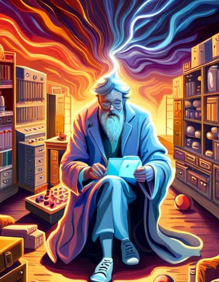 full body, wizard in a labortory, lightning coming from finger tips, in ...