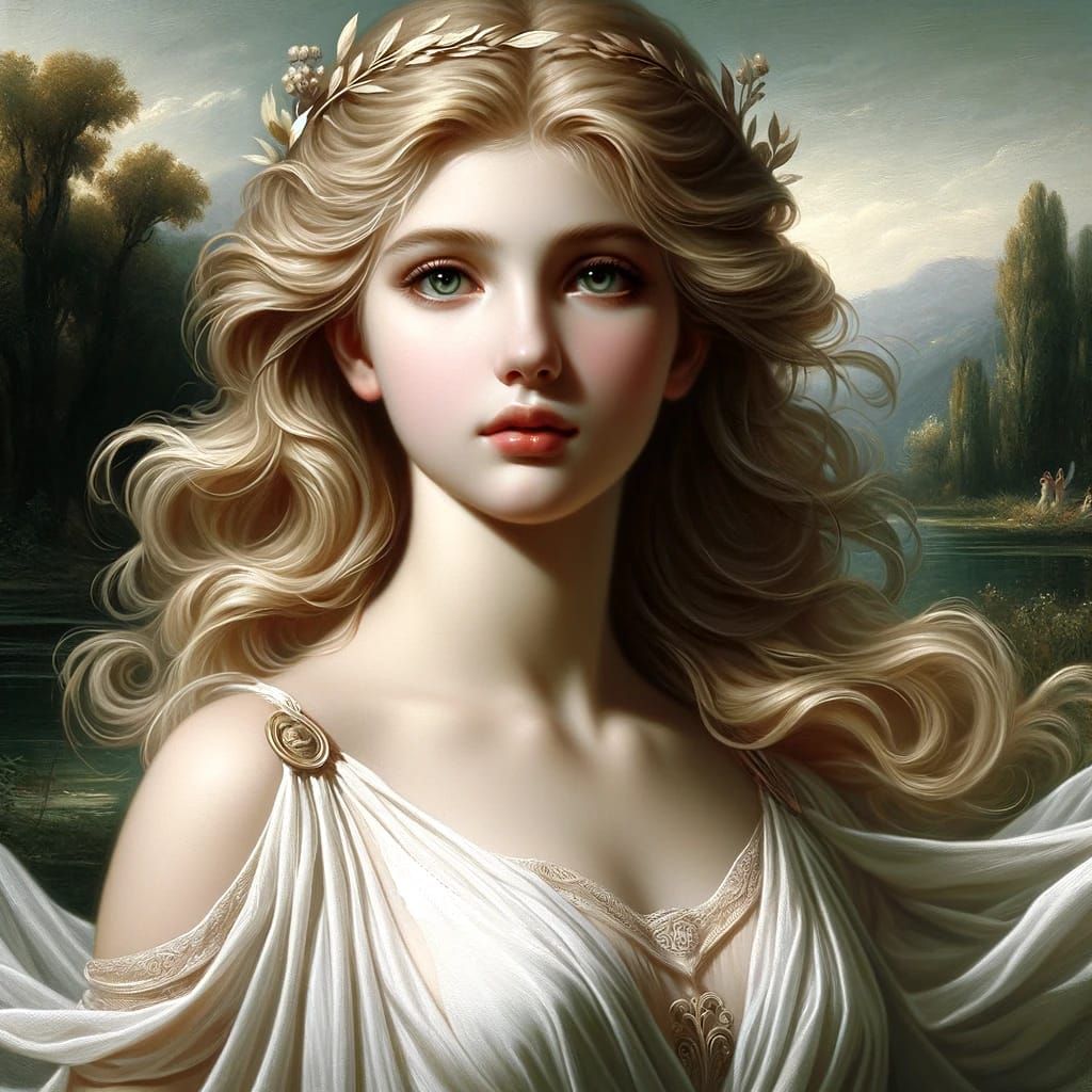 Illustrate an oil painting of Seraphina, an immortal goddess, in a ...