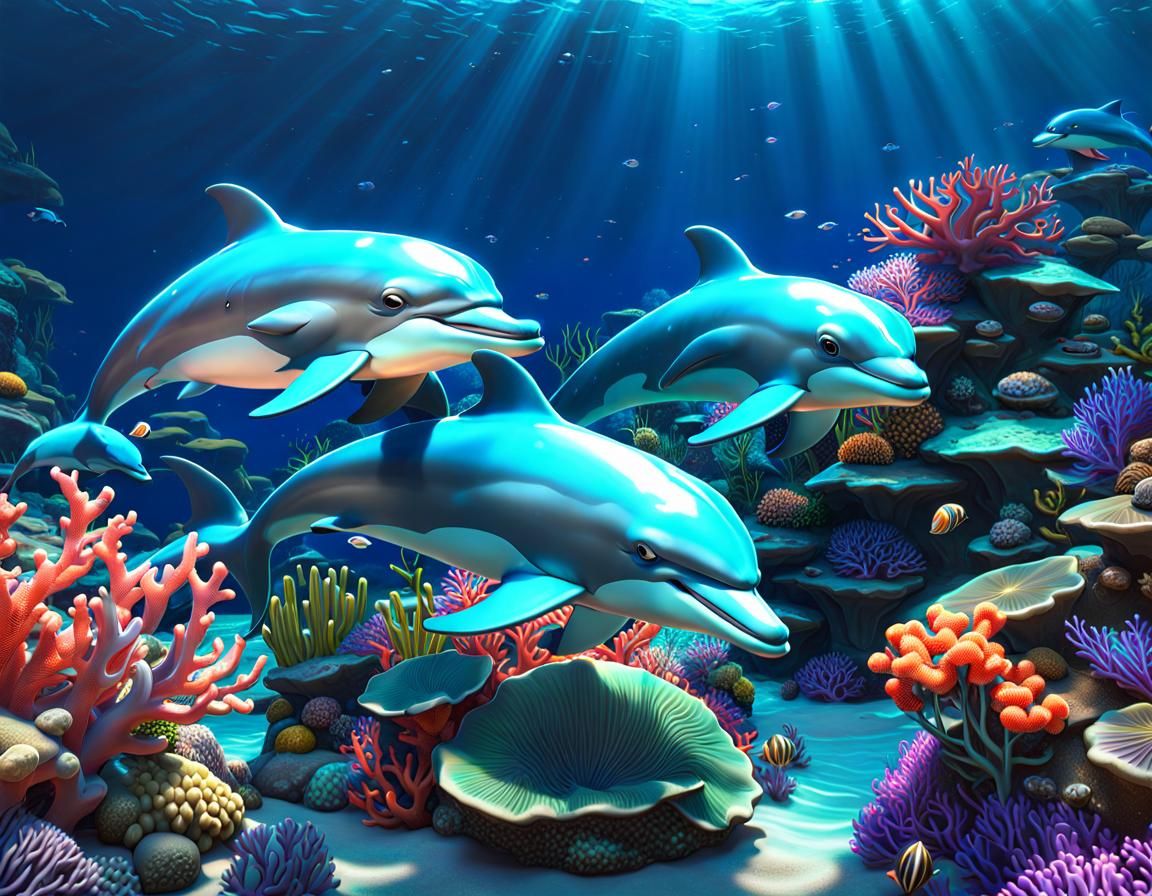 Dolphins exploring the reef - AI Generated Artwork - NightCafe Creator