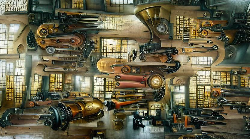 A beautiful painting of the interior of art deco factory filled with ...