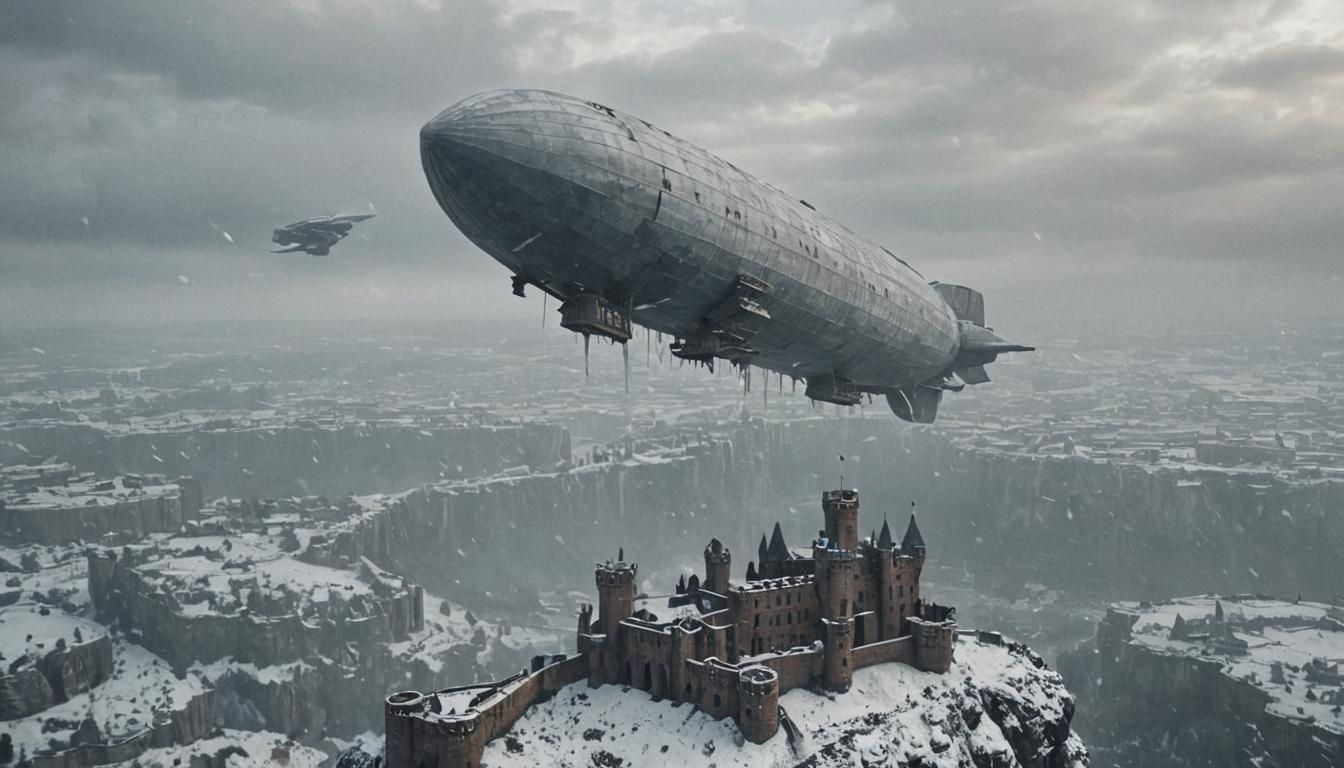 Cragside Castle - Snow-Covered Castle Ruins with Airship in ...