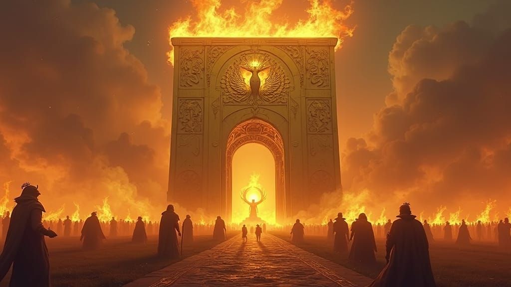 Golden Shrine Endures in the Heart of Inferno - AI Art