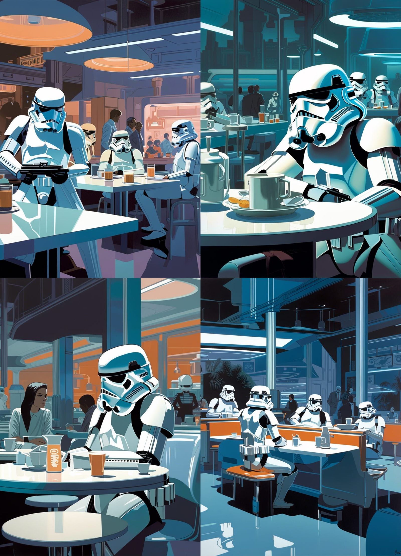 "stormtrooper break room" by syd mead, cold color palette, muted colors ...