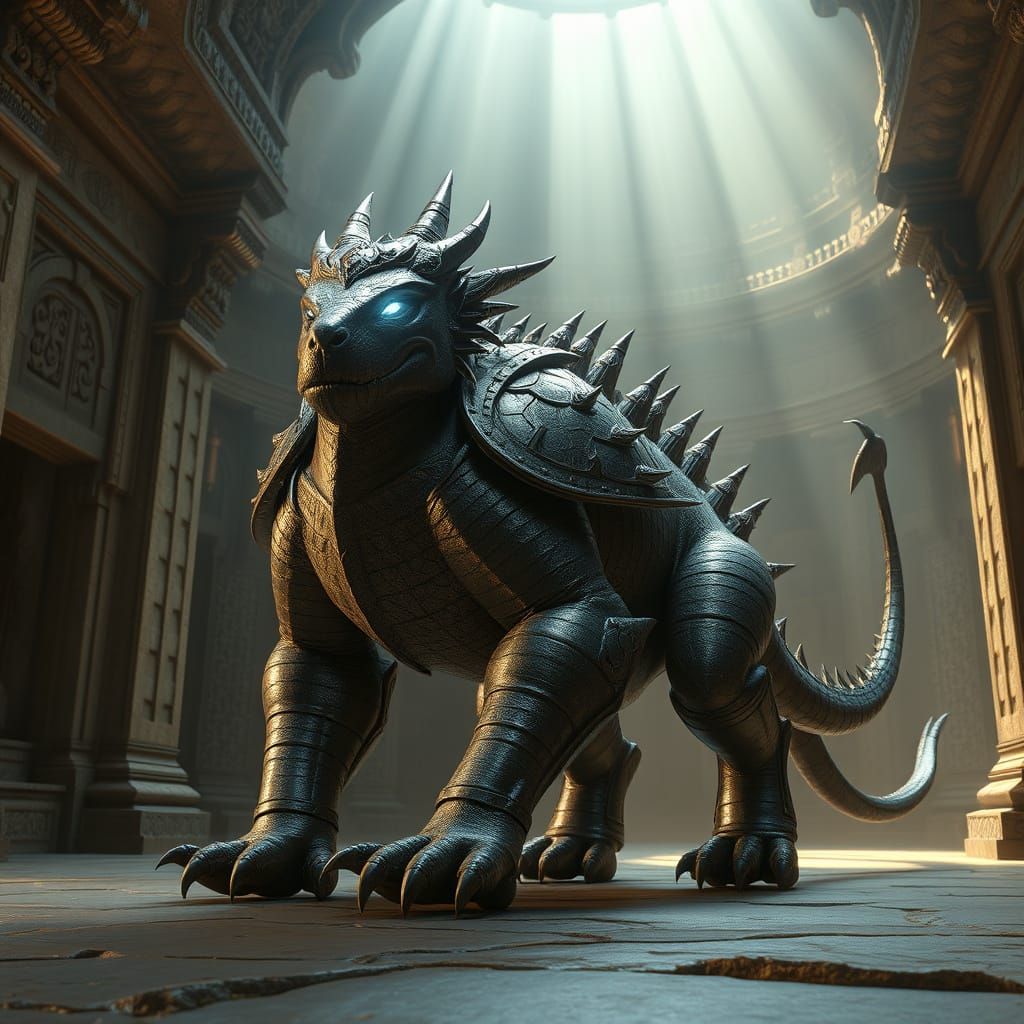 Powerful Guardian Beast in Ancient Stone Architect... - AI Art
