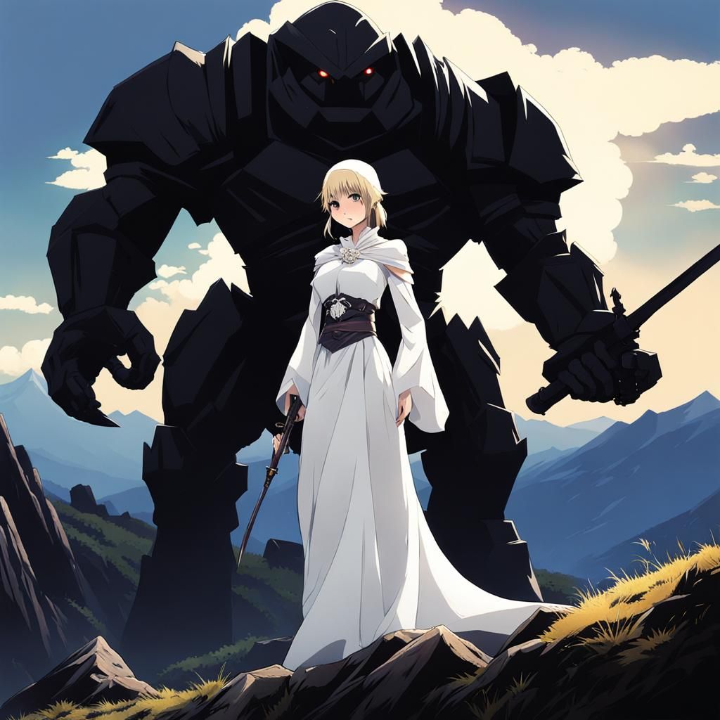 anime frieren style, female scavenger in white gown, guarded by a golem ...