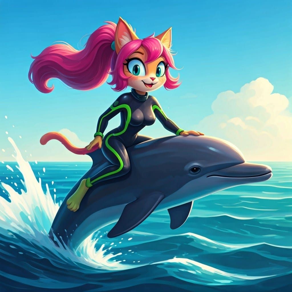 Vibrant Cat Girl Rides Dolphin Across Ocean in Col... - AI Art