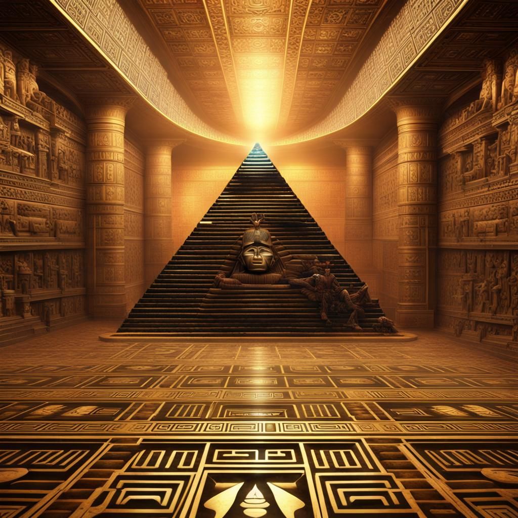 egyptian pyramid, fractal patterns in the walls, glowing inlaid scarab ...