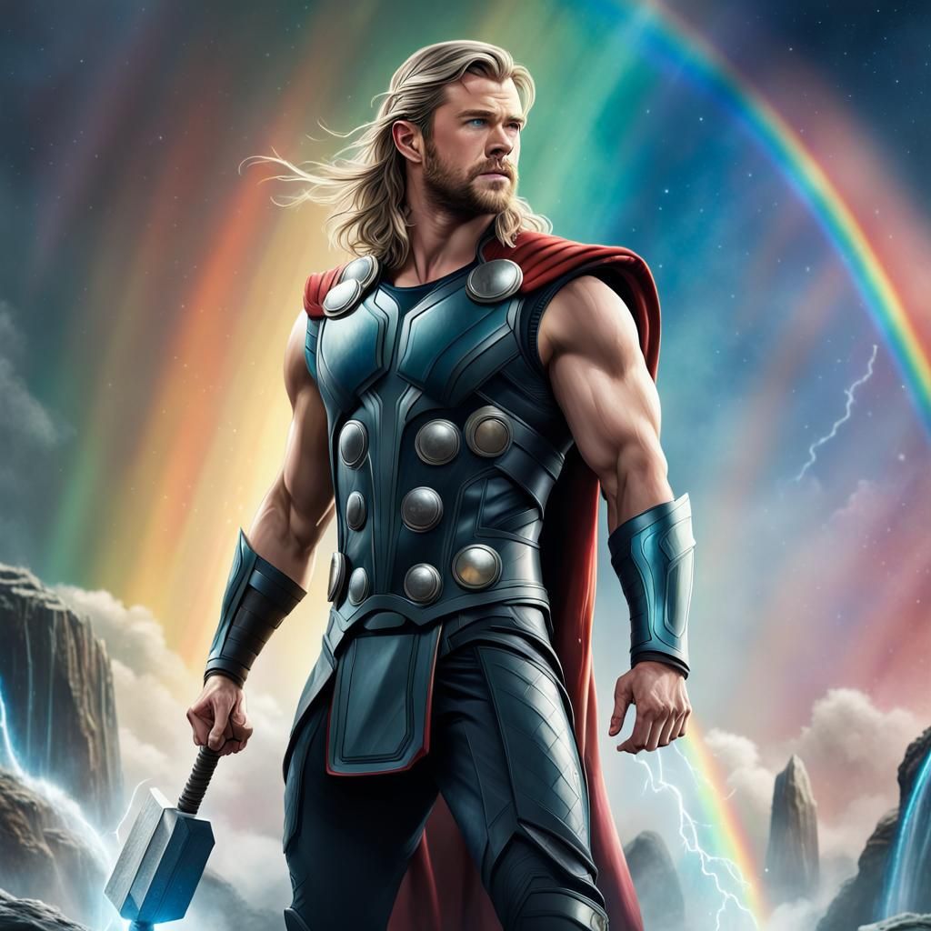Chris Hemsworth as Thor standing on the Bifrost rainbow bridge in space - AI Generated Artwork ...