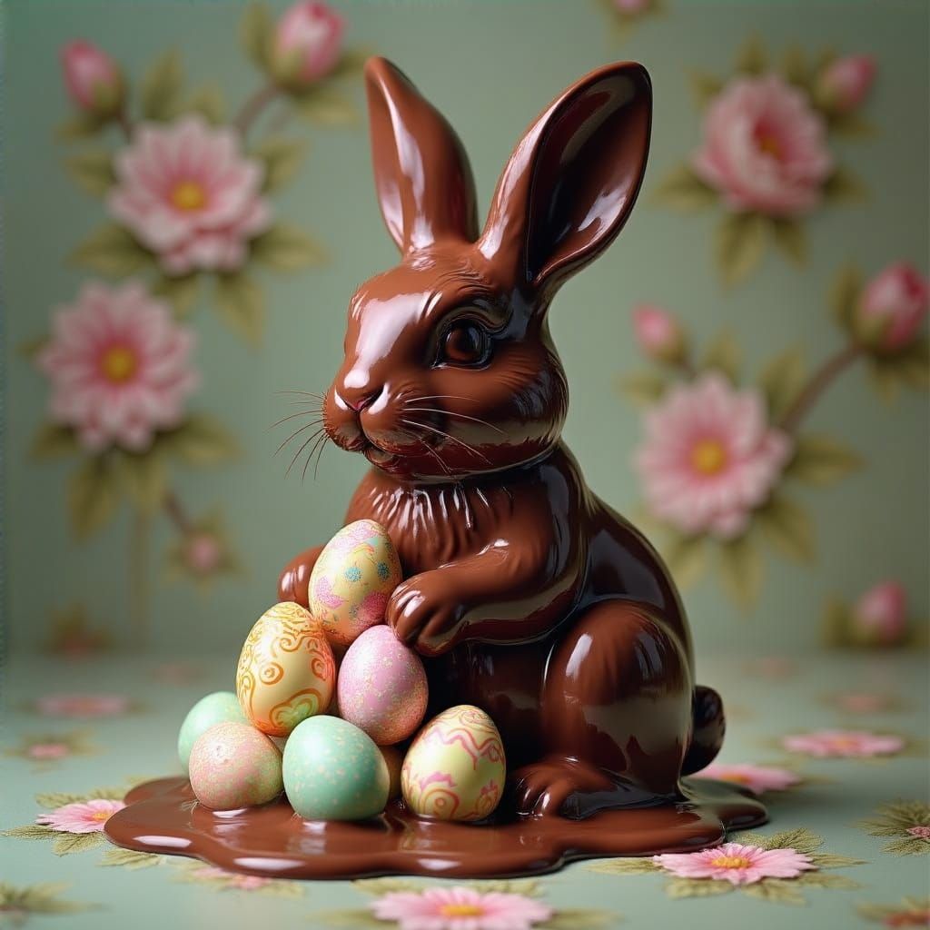 A chocolate easter bunny melting and the chocolate forms easter eggs