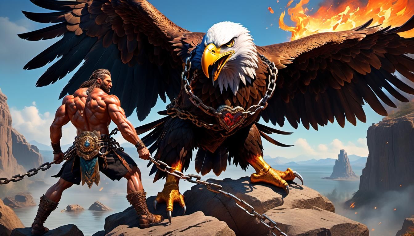 The muscular god Prometeus forged in chains on the rock and an eagle ...