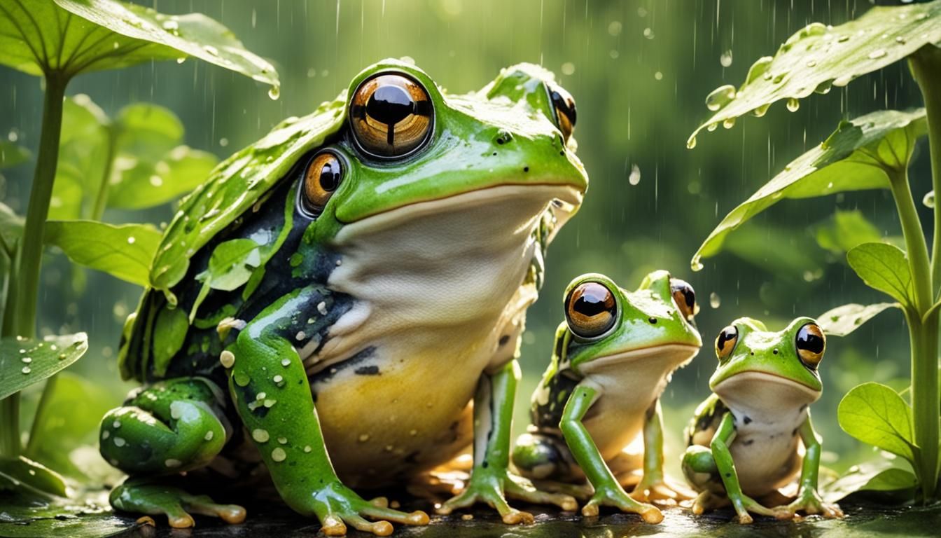 A cute mother frog with these two babies are walking on a leaf in the ...