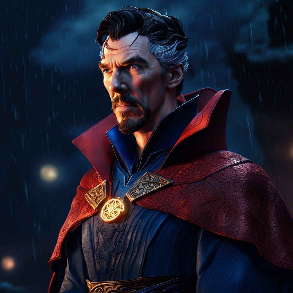 head and shoulders portrait of Doctor Strange standing on a dark roof ...