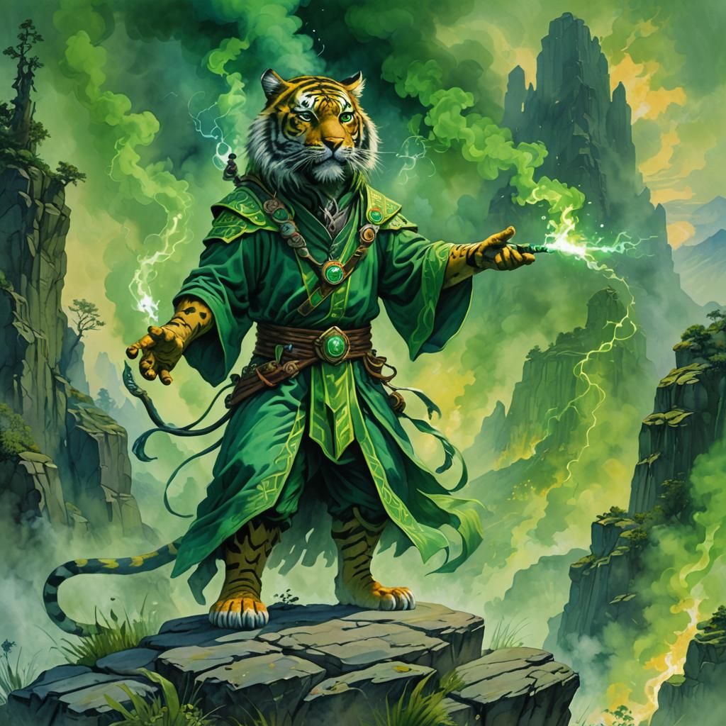 tabaxi green tiger wizard standing on a cliff surrounded by green smoke ...