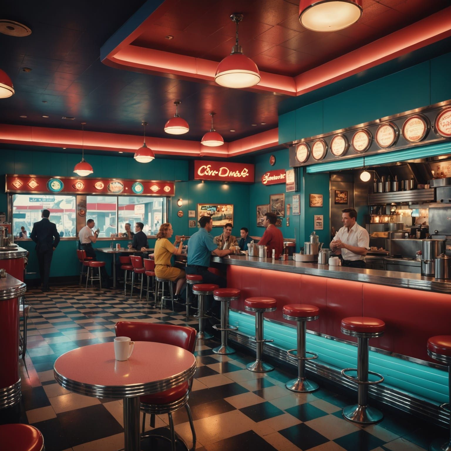 Vibrant 1950s Diner Scene on Hollywood Blvd in Dre... - AI Art