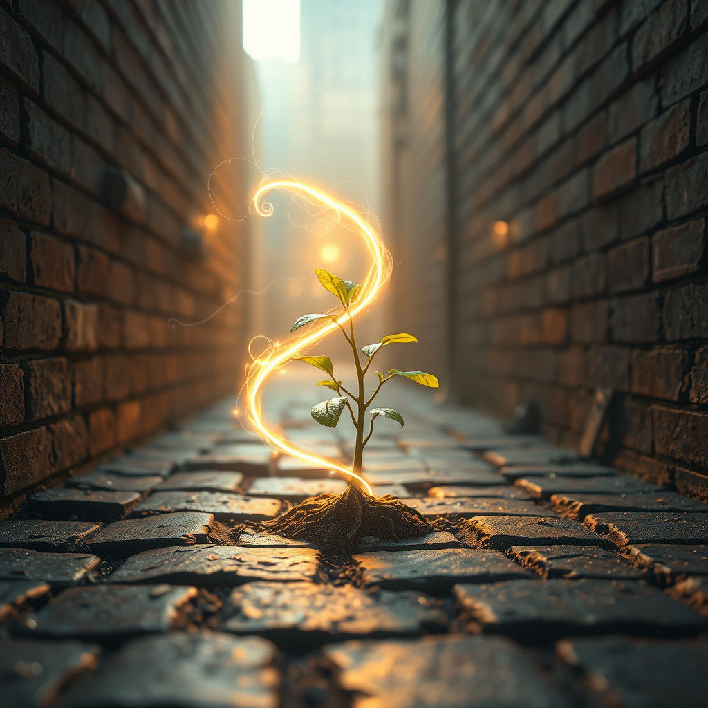Ethereal Light Encircles Sapling amidst Urban Deca... - AI Art