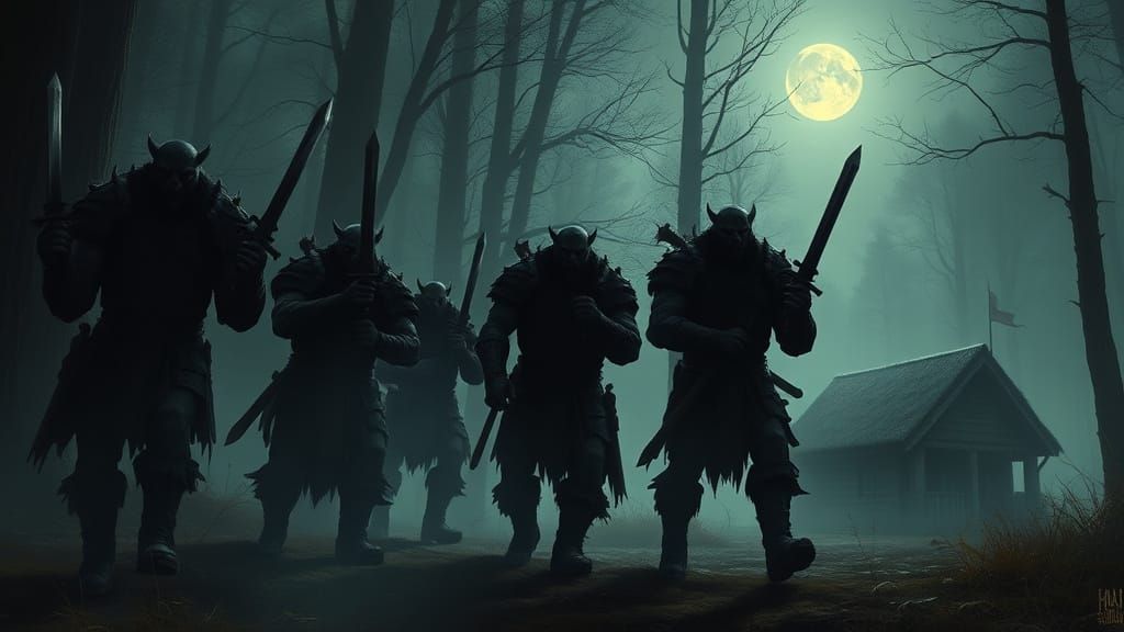 Ominous Orcs March Through Foggy Woods, Converging... - AI Art