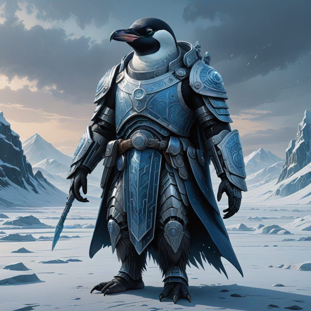Regal Penguin Warrior Frostkrígr in Icy Armor - AI Art