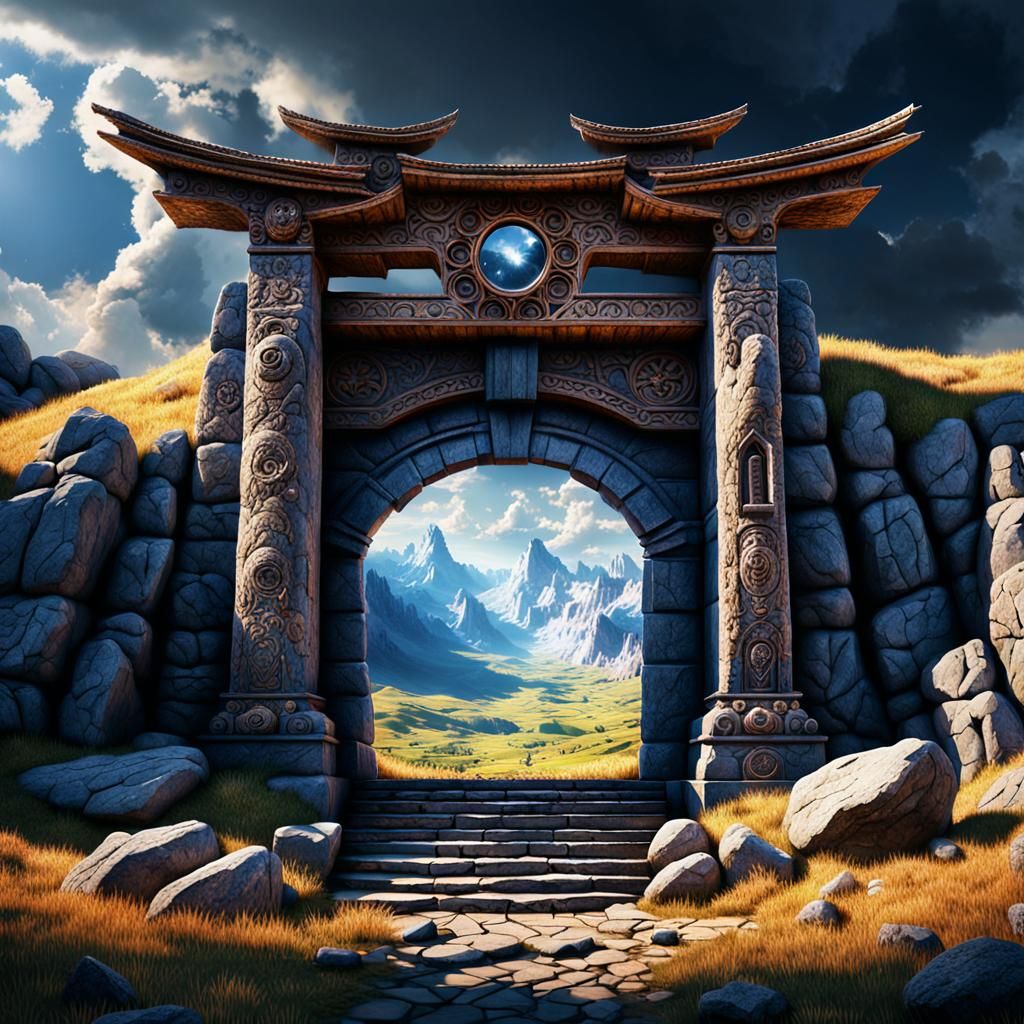 Ominous mountainside portal made of worked stone showing entry into ...