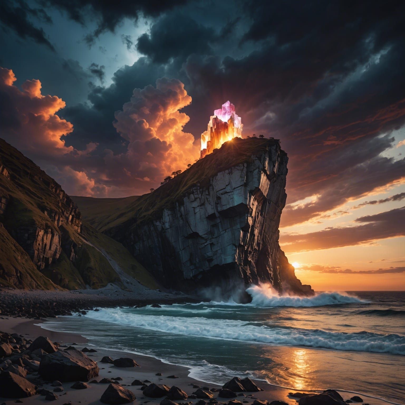 A glowing liquefied crystal cliff side, overlooking a ethereal sunset ...