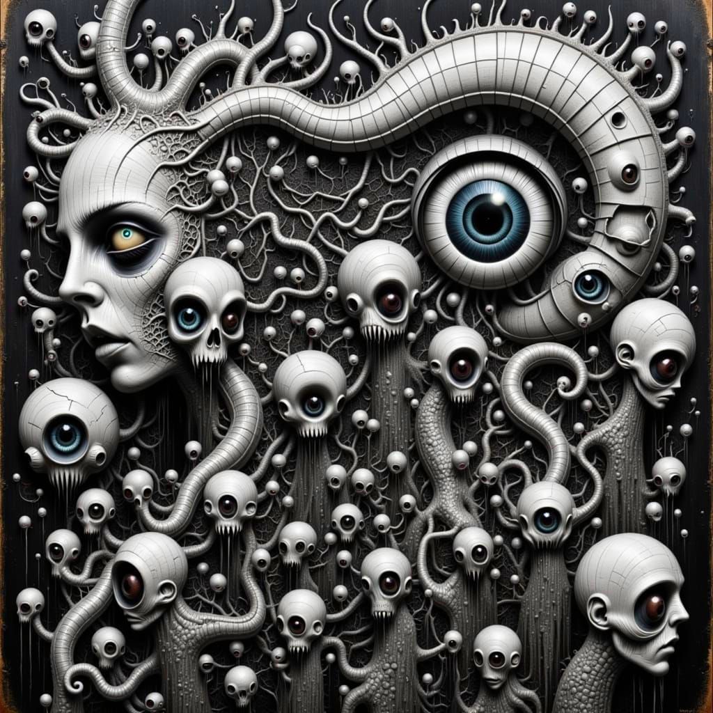 Distortion of Surrealism - Monochrome Swarm of Distorted Cr...
