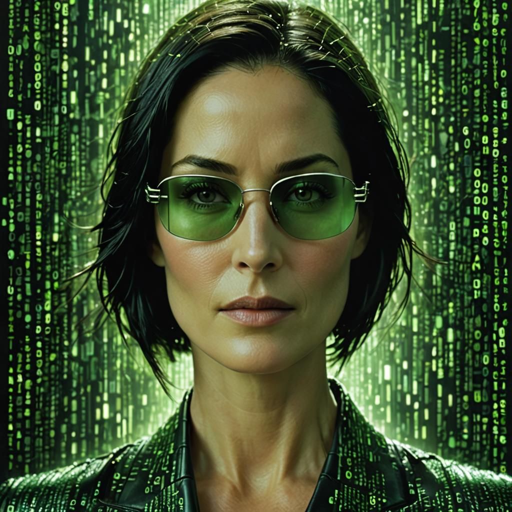 The Matrix hologram, a beautiful face of Carrie-Anne_Moss in binaire ...