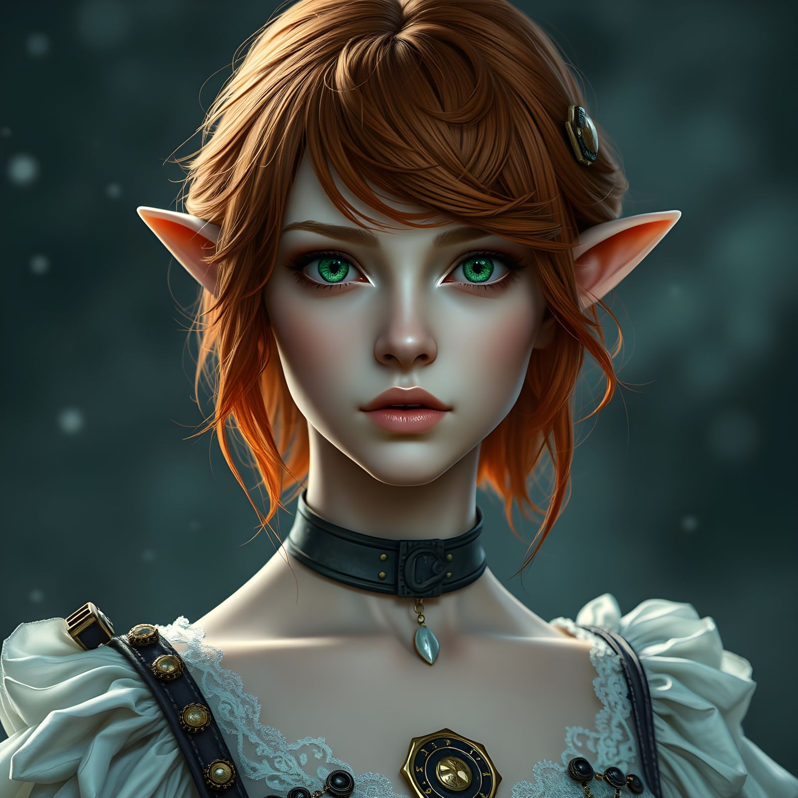 A beautiful female human with light white skin , emerald green eyes and ...