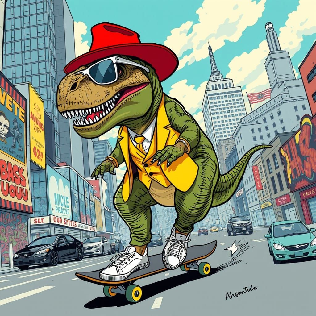 a2727. T-Rex wearing a bright red fedora hat