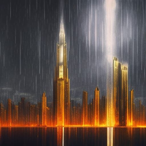 skyscrapers, darkness, fire, spotlight, candlelight, rainy, wet floor ...